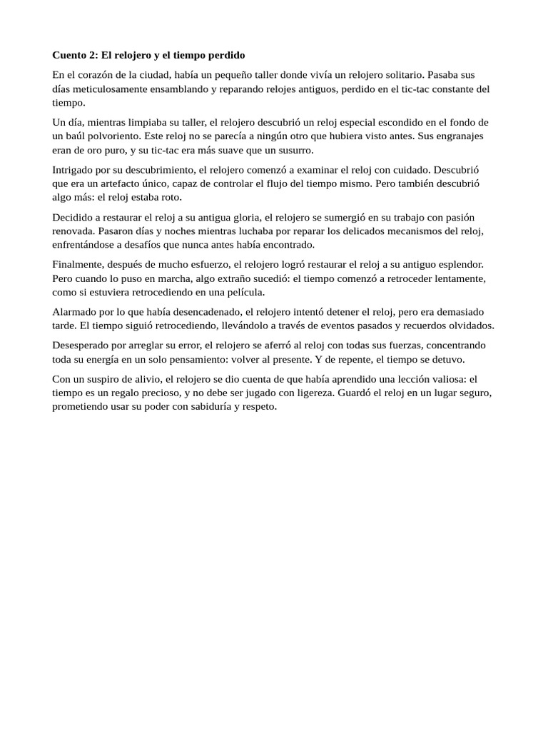 Cuento 2: El Relojero y El Tiempo Perdido | PDF