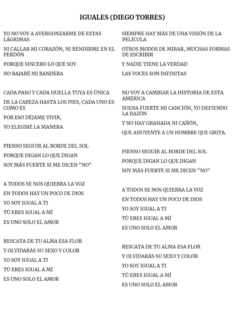 Letra de "Iguales" - Diego Torres | PDF
