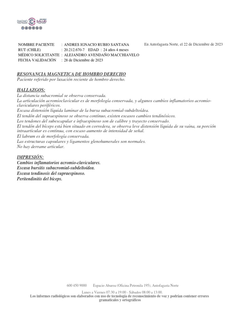 Informe de Resonancias Magnéticas | PDF | Hombro | Rodilla