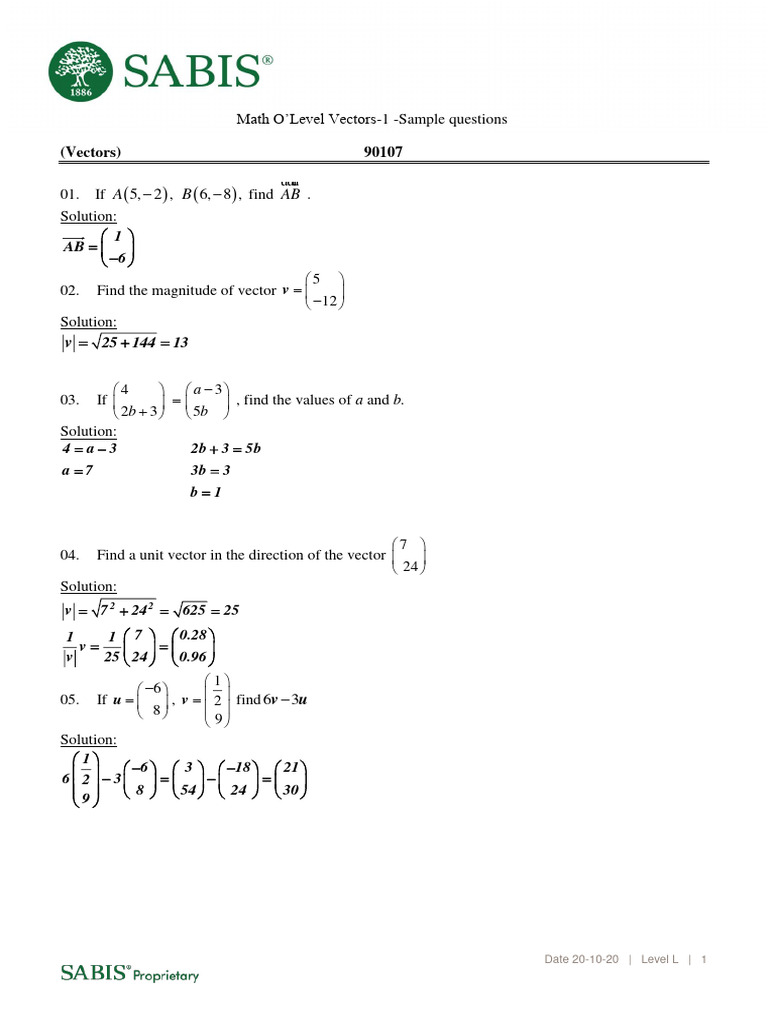 2021 Math Level L OLevel Vectors-1 Sample Questions 2 | PDF | Euclidean ...
