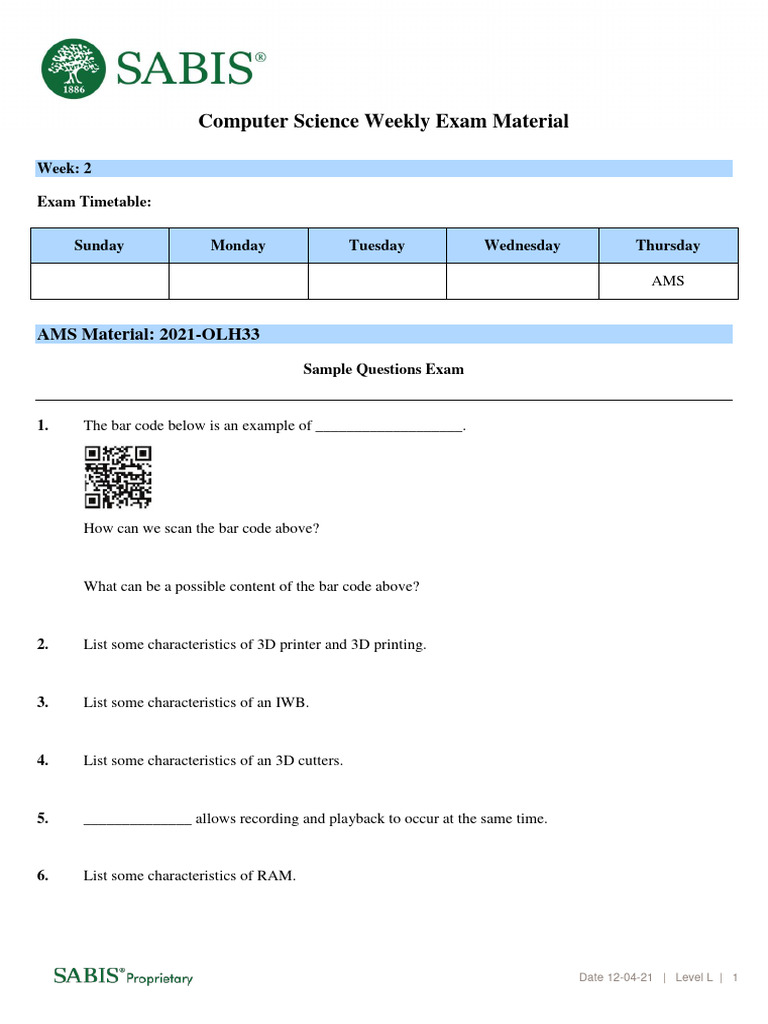 2021 Level L Computer Science Exam Related Material T3 Wk2 | PDF | Computer Data Storage ...