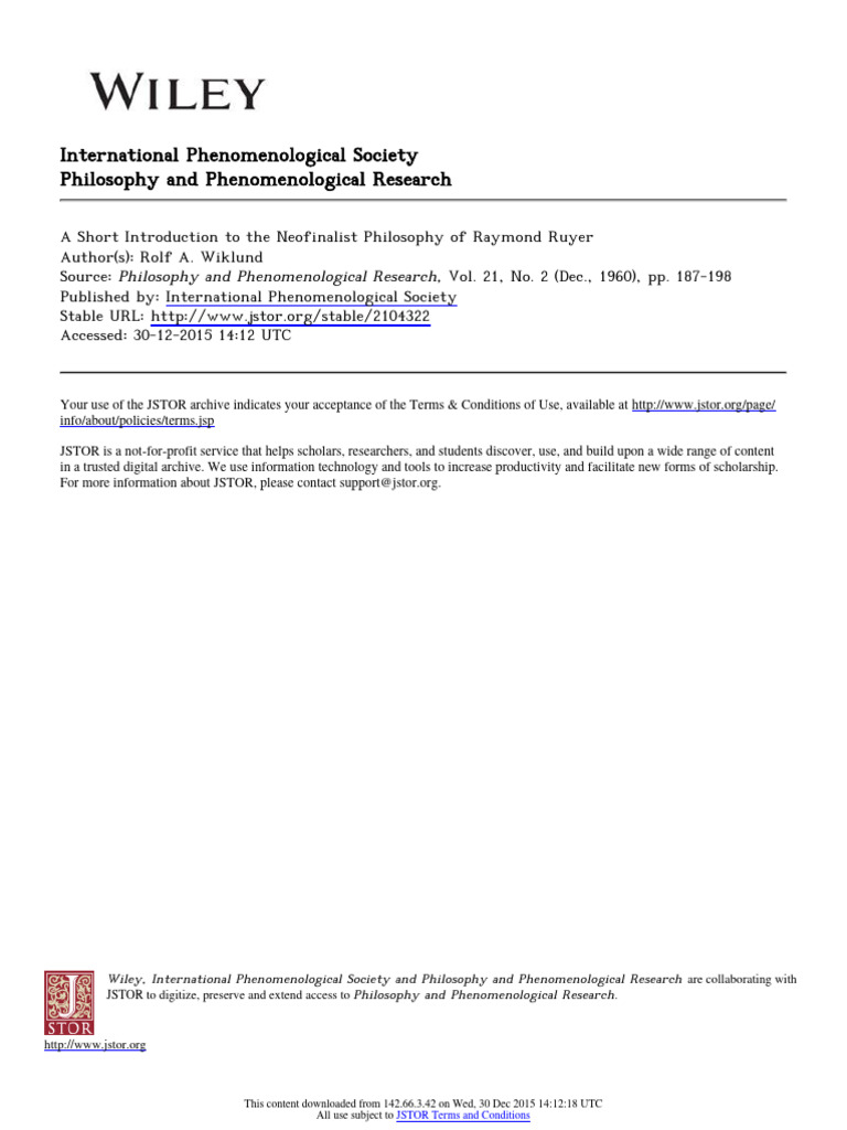 A Short Introduction To The Neofinalist Philosophy of Raymond Ruyer ...