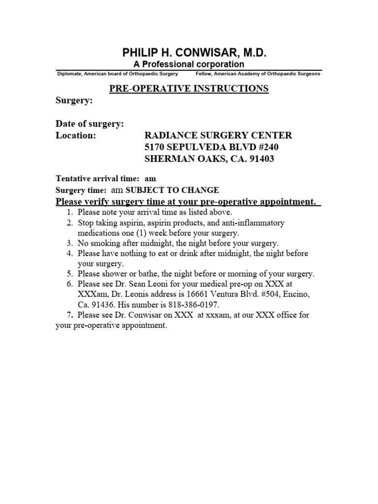 Blank Surgery Orders | PDF | Surgery | Orthopedic Surgery