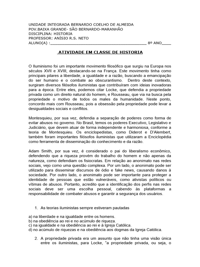 2 Aula 8 Ano Pdf Iluminismo Montesquieu