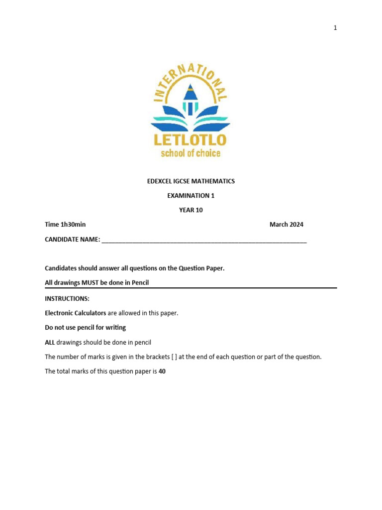 Edexcel Igcse Mathematics Year 10 Exam 1 | PDF