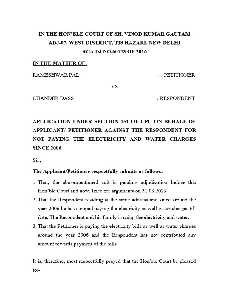 Apllication Under Section 151 of CPC For Not Paying The Electricity and ...