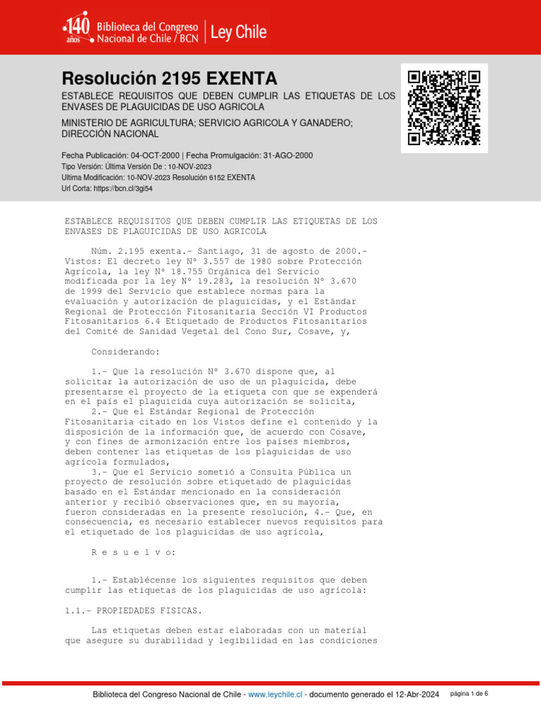RES-2195-EXENTA_04-OCT-2000 | PDF | Pesticida