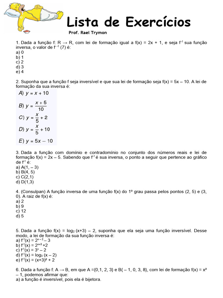 Função Inversa - EXERCICIOS | Download grátis PDF | Função (Matemática ...