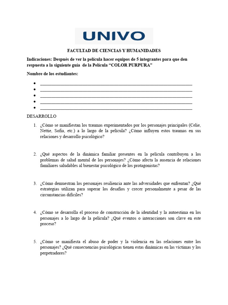 Guia de Preguntas de La Pelicula Color Purpura | PDF