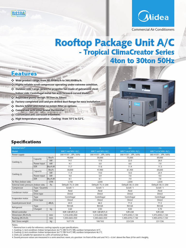 Rooftop Package ClimaCreator Tropical R410A 50Hz (Brochure) | PDF | Air Conditioning | Temperature