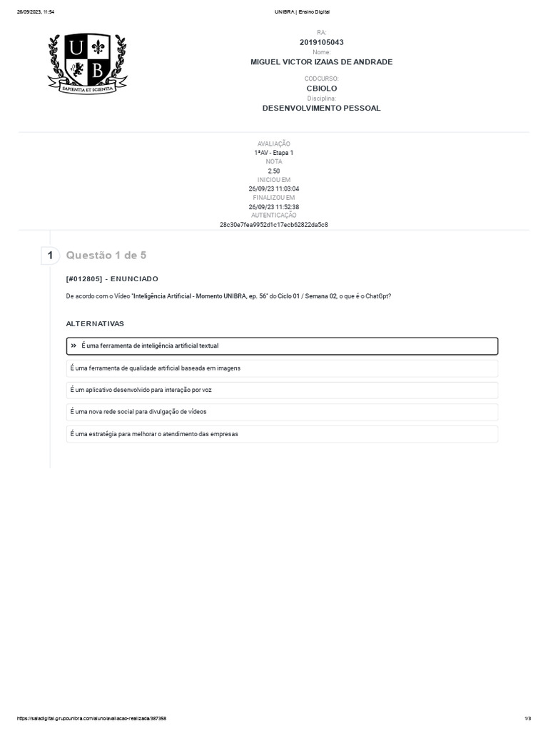 UNIBRA - Desenvolvimento Pessoal PROVA AV1 ETAPA 1 | PDF