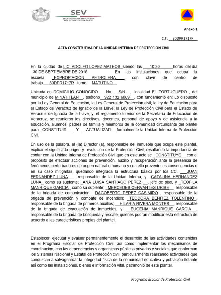 Acta Unidad Interna de Proteccion Civil 2016 | Descargar gratis PDF | Defensa Civil | Gobierno
