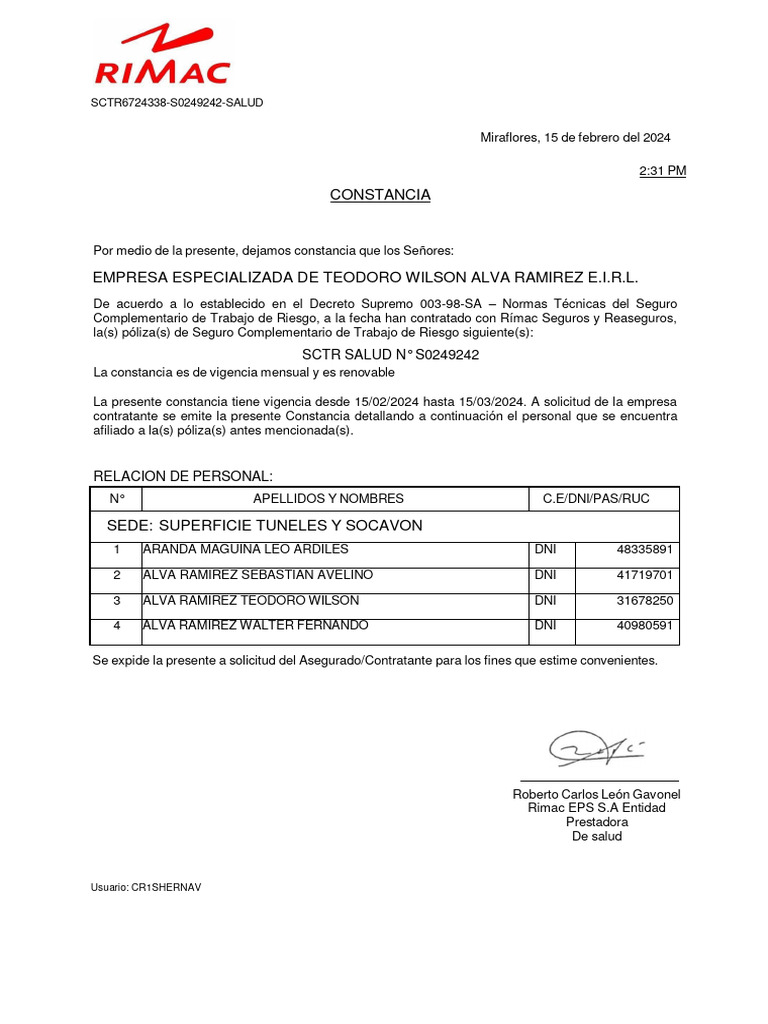 Constancia de Seguro SCTR Feb 2024 | PDF