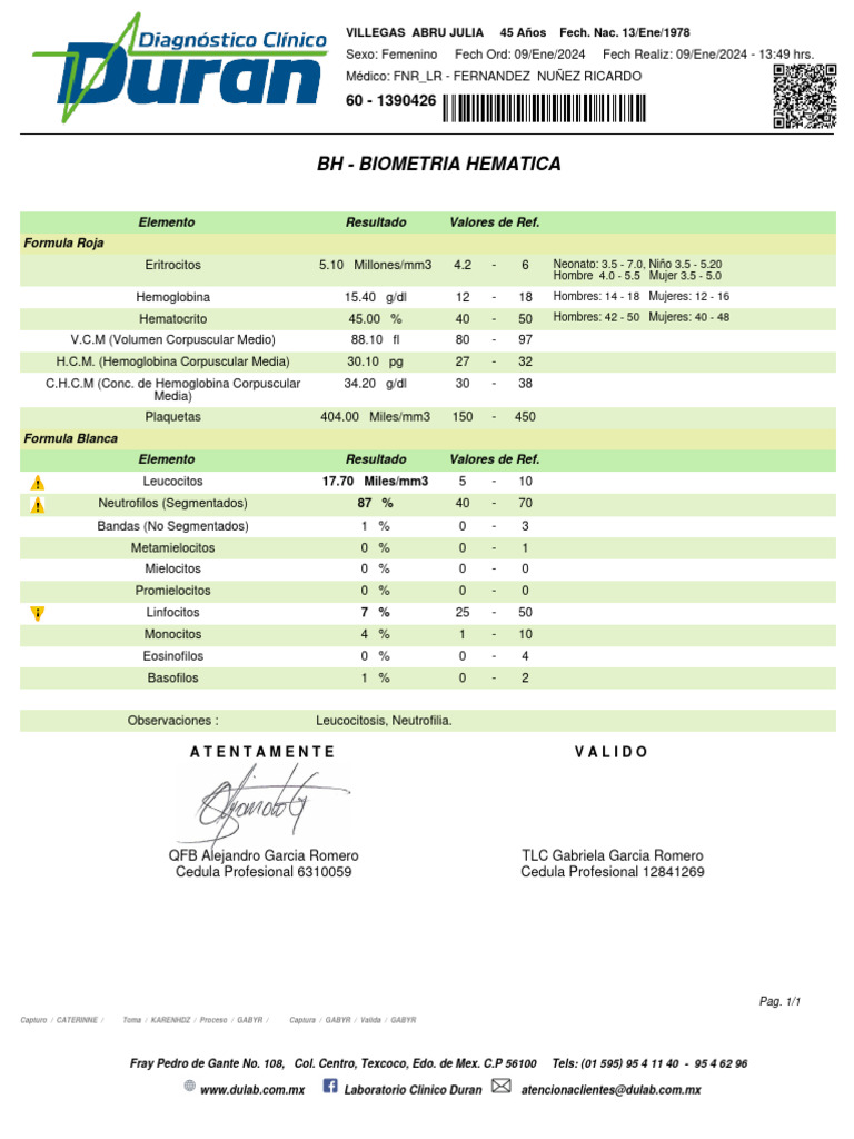 BH - Biometria Hematica: Elemento Resultado Valores de Ref. Formula ...