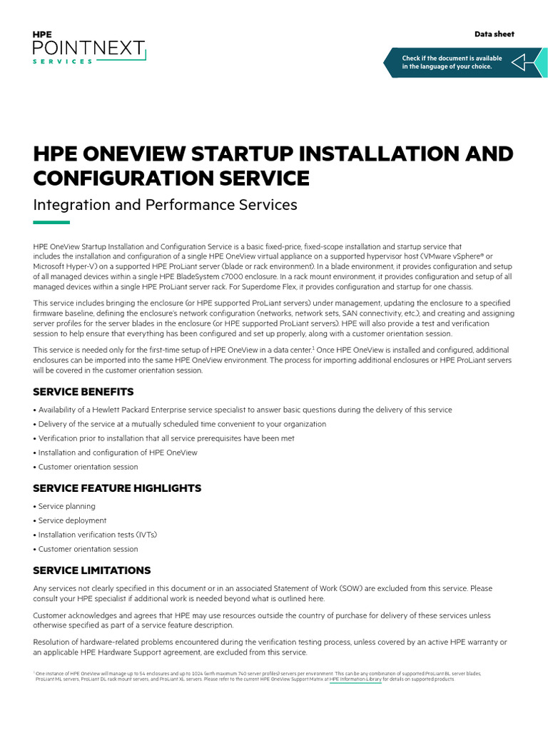 HPE OneView Startup Installation and Configuration Service Data Sheet-4aa4-2814enw | PDF ...