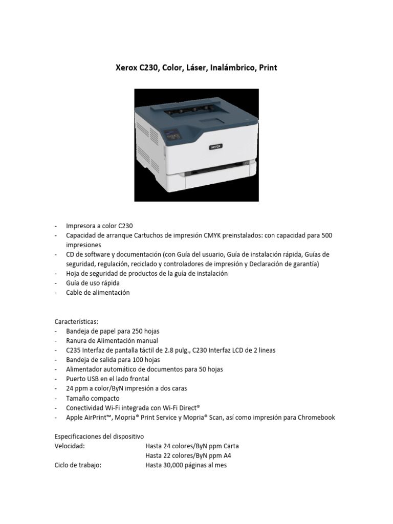 Xerox C230, Color, Láser, Inalámbrico, Print | PDF | Impresora ...