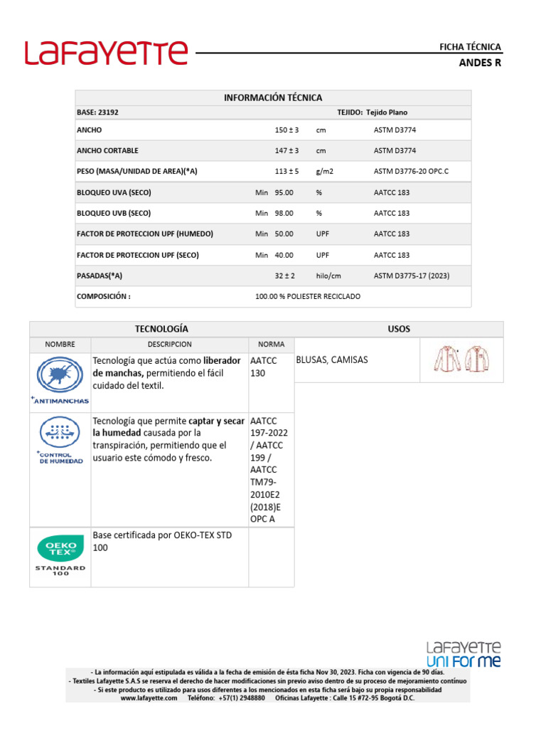 Ficha Técnica Tela Andes R | PDF | Textiles | Sector secundario de la ...