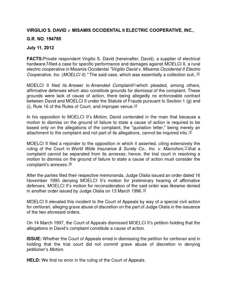Tomawis (VIRGILIO S. DAVID v. MISAMIS OCCIDENTAL II ELECTRIC ...