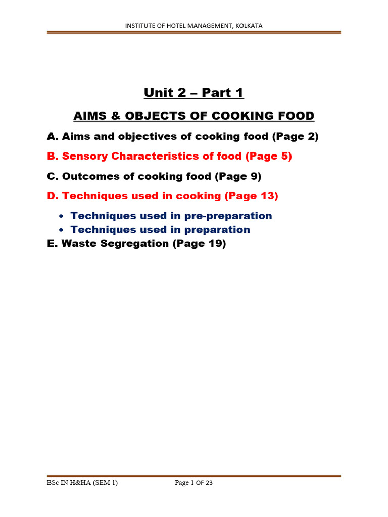 UNIT 2 - Aims & Objectives of Cooking Food | PDF | Taste | Senses