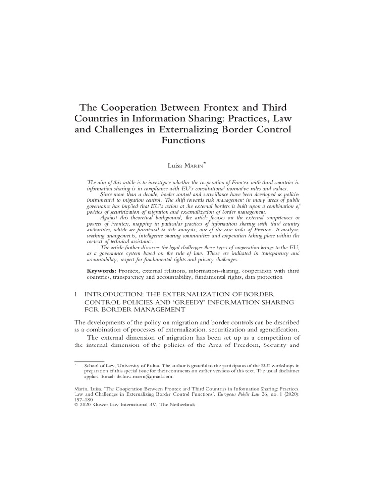 The Cooperation Between Frontex and Third Countries in Information ...