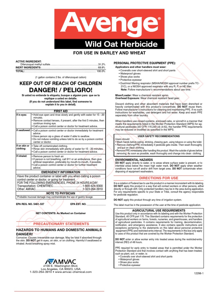 Avenge Specimen Label | PDF | Herbicide | Personal Protective Equipment