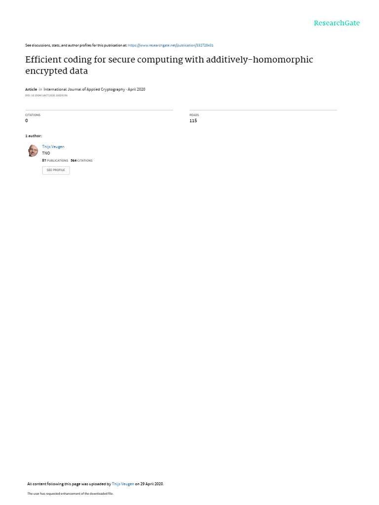 Efficient Coding For Secure Computing With Additively-Homomorphic Encrypted Data | PDF ...