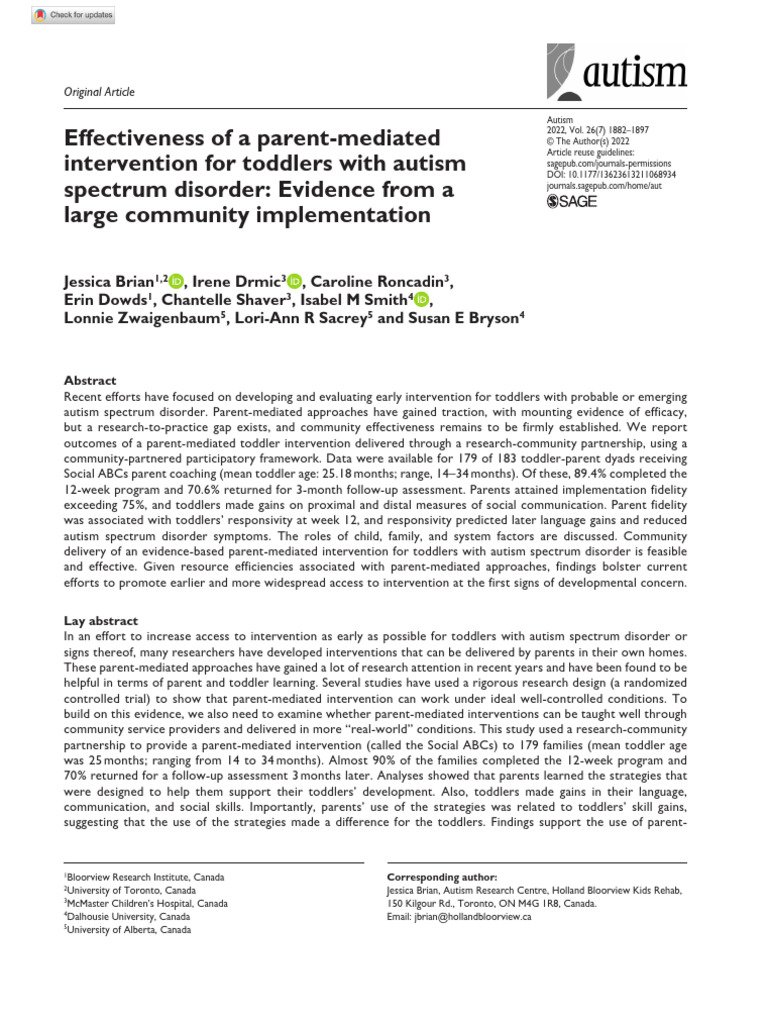 Brian Et Al 2022 Effectiveness of A Parent Mediated Intervention For Toddlers With Autism ...