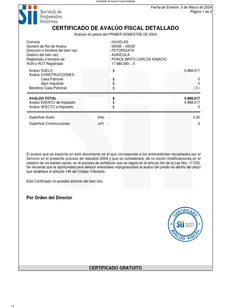 Certificado de avaluo fiscal detallado Rol38-30 | PDF | Economias