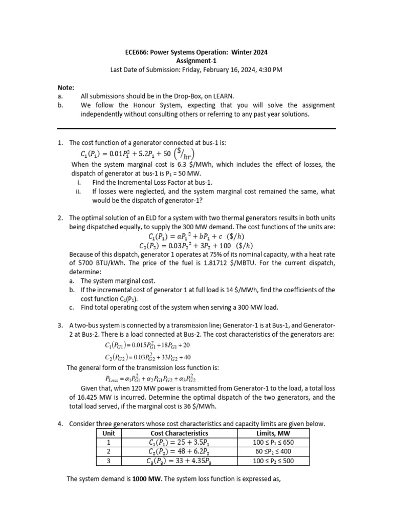 Assignment-1 Problems on ELD and Hydro-Thermal Coordination (3) | PDF | Hydroelectricity | Reservoir