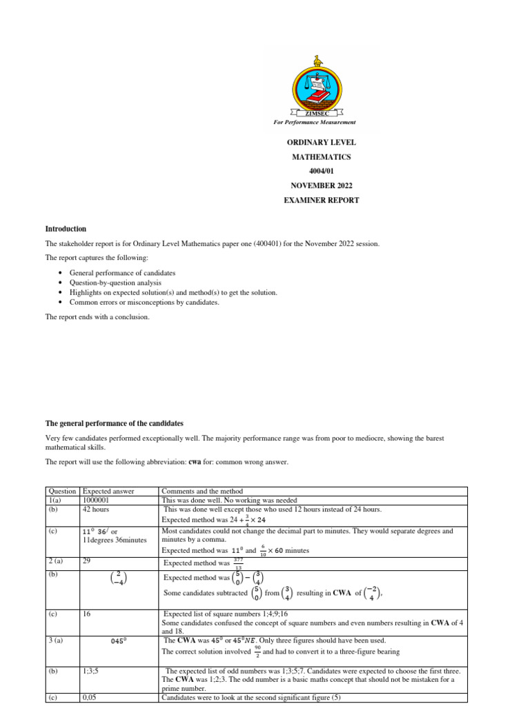 Ordinary Level Mathematics 4004 01 November 2022 Examiner Report | PDF ...