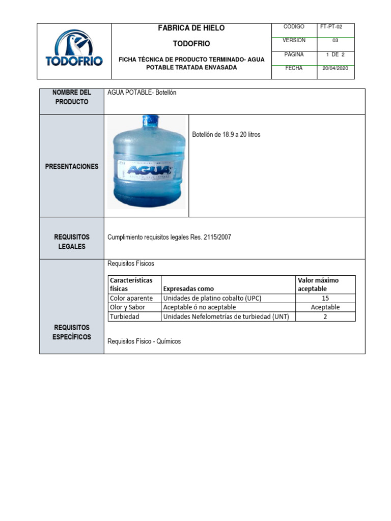Ficha Tecnica Agua 2020 | PDF | Agua potable | Ciencias fisicas