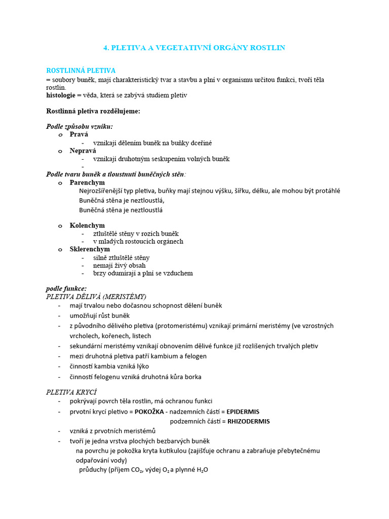 Pletiva A Vegetativní Org. Rostlin | PDF