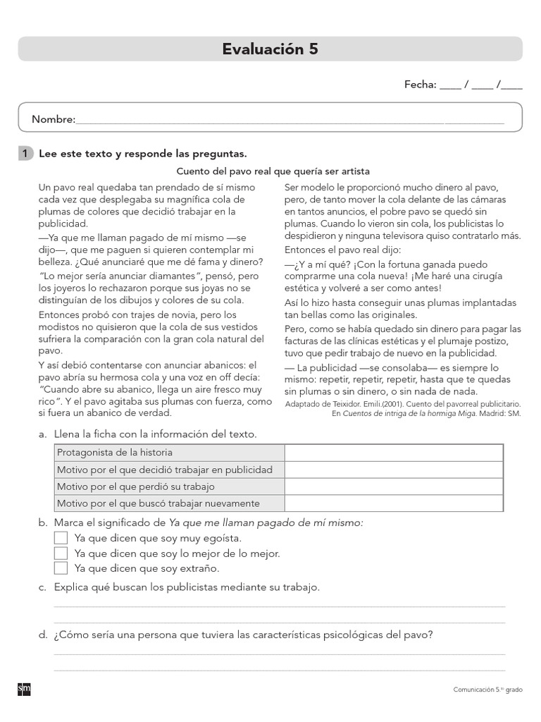 Evaluación de Comunicación 5° Grado | PDF