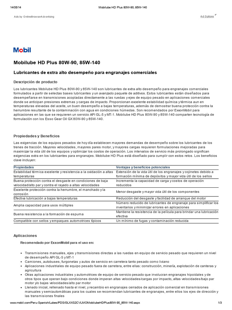 Mobilube Aceite 80W-90, 85W-140 | PDF | Lubricante | Engranaje