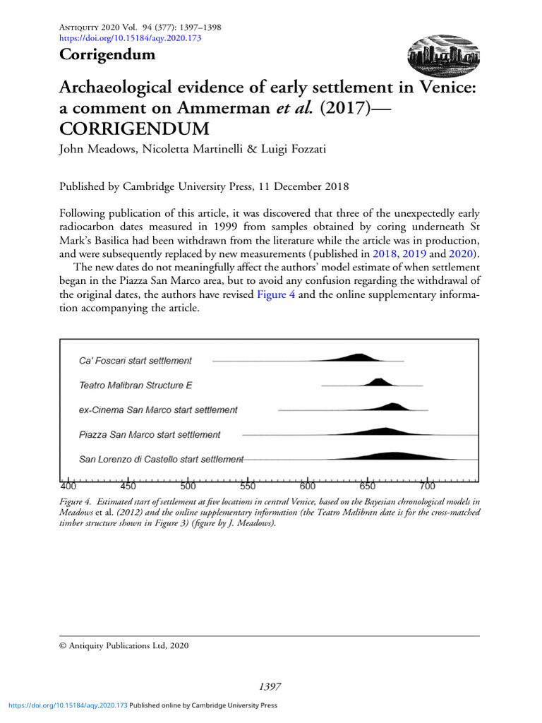 Archaeological Evidence of Early Settlement in Venice: A Comment on ...