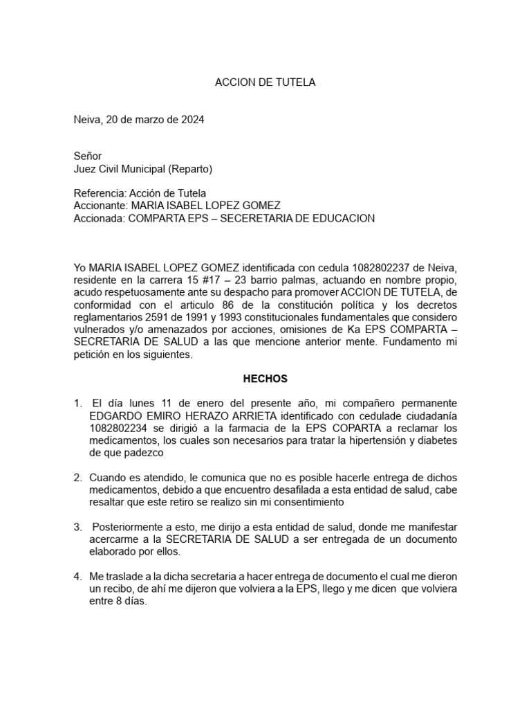 Carta de Accion de Tutela | Descargar gratis PDF | Justicia | Crimen y violencia