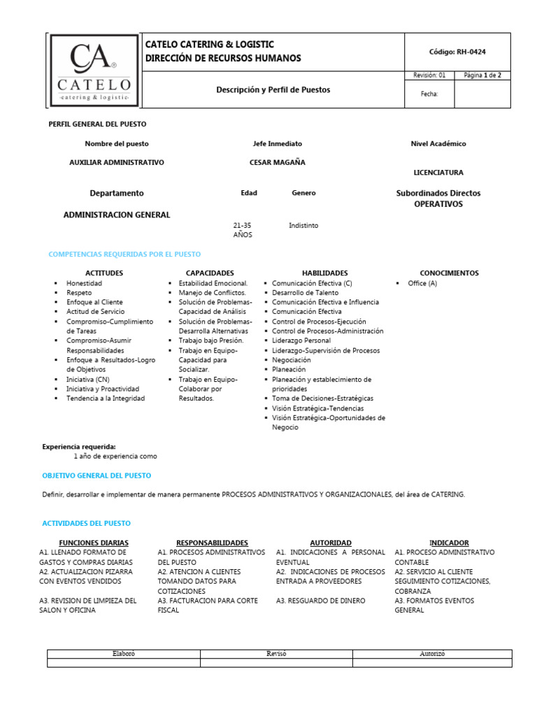 Rh-Perfl Adm001 Auxiliar Adm | PDF | Planificación | Gestión de ...