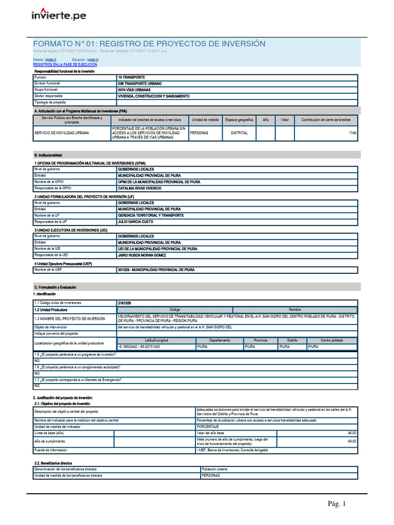 Formato #01: Registro de Proyectos de Inversión | PDF | Tasa interna de ...