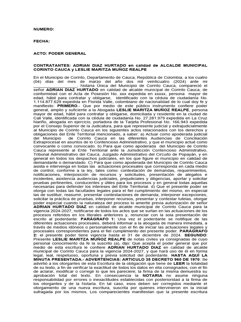 Minuta ESCRITURA PUBLICA PODER GENERAL | PDF | Abogado | Alcalde