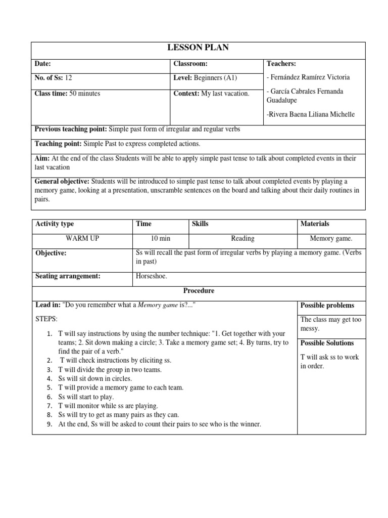 Beginner English Lesson Plan | PDF | Memory | Verb