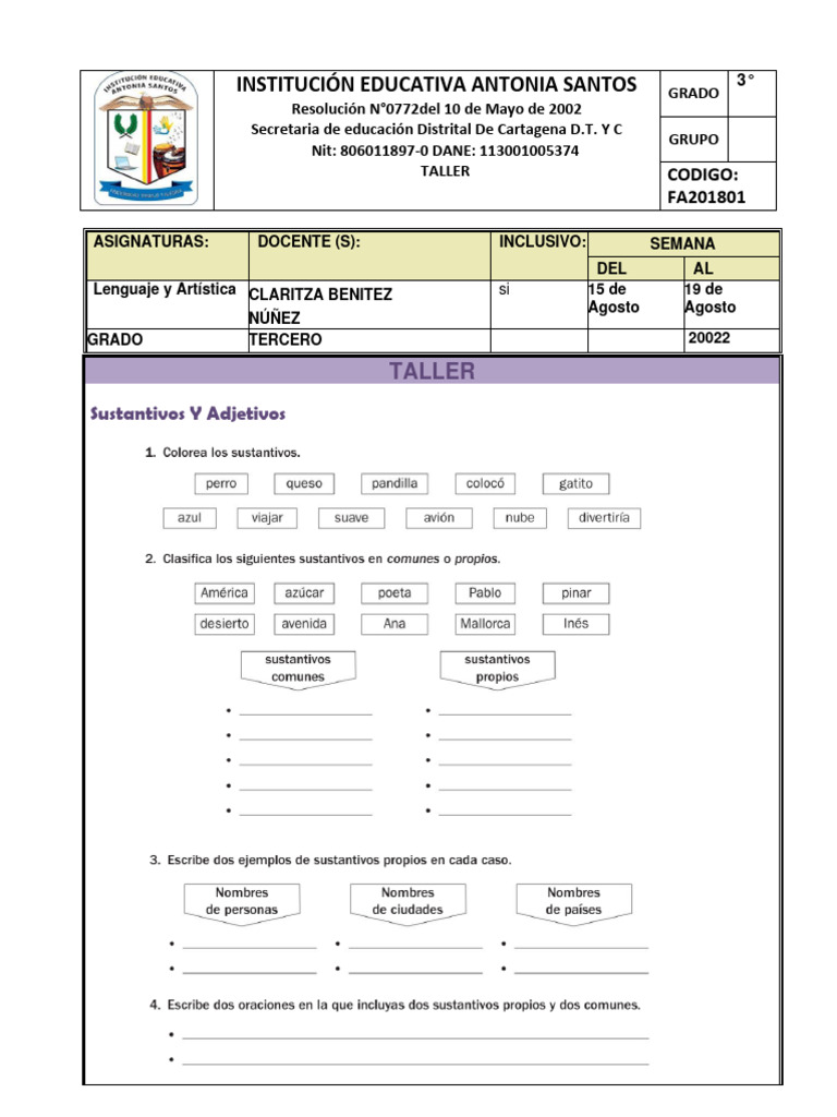 Taller Sustantivos y Adjetivos 3° Grado | PDF | Adjetivo | Morfología ...