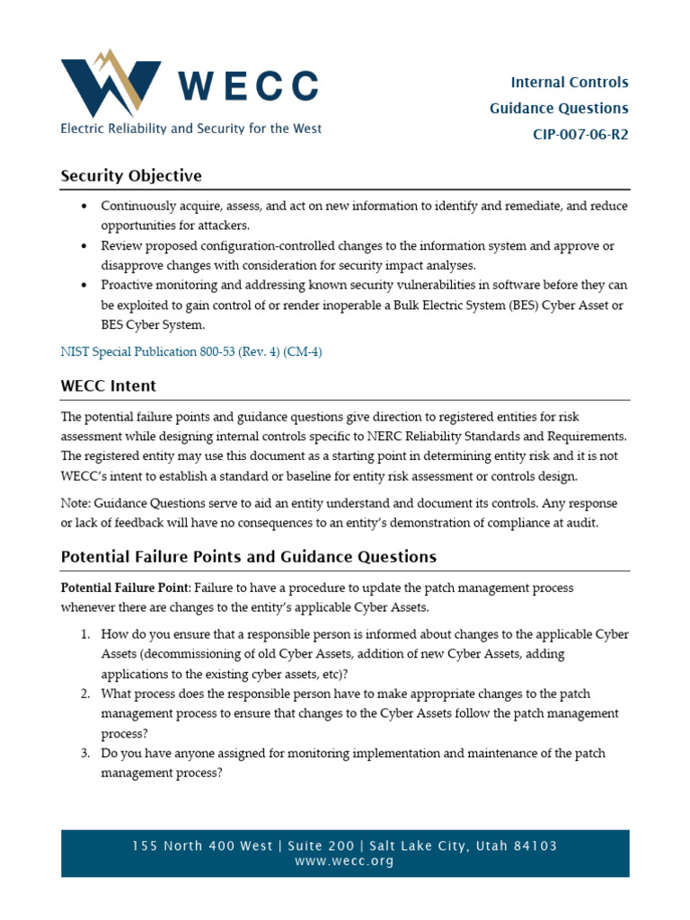 CIP 007 - Internal Controls Failure Points - Guidance Questions CIP-007-6 R2 | PDF | Internal ...