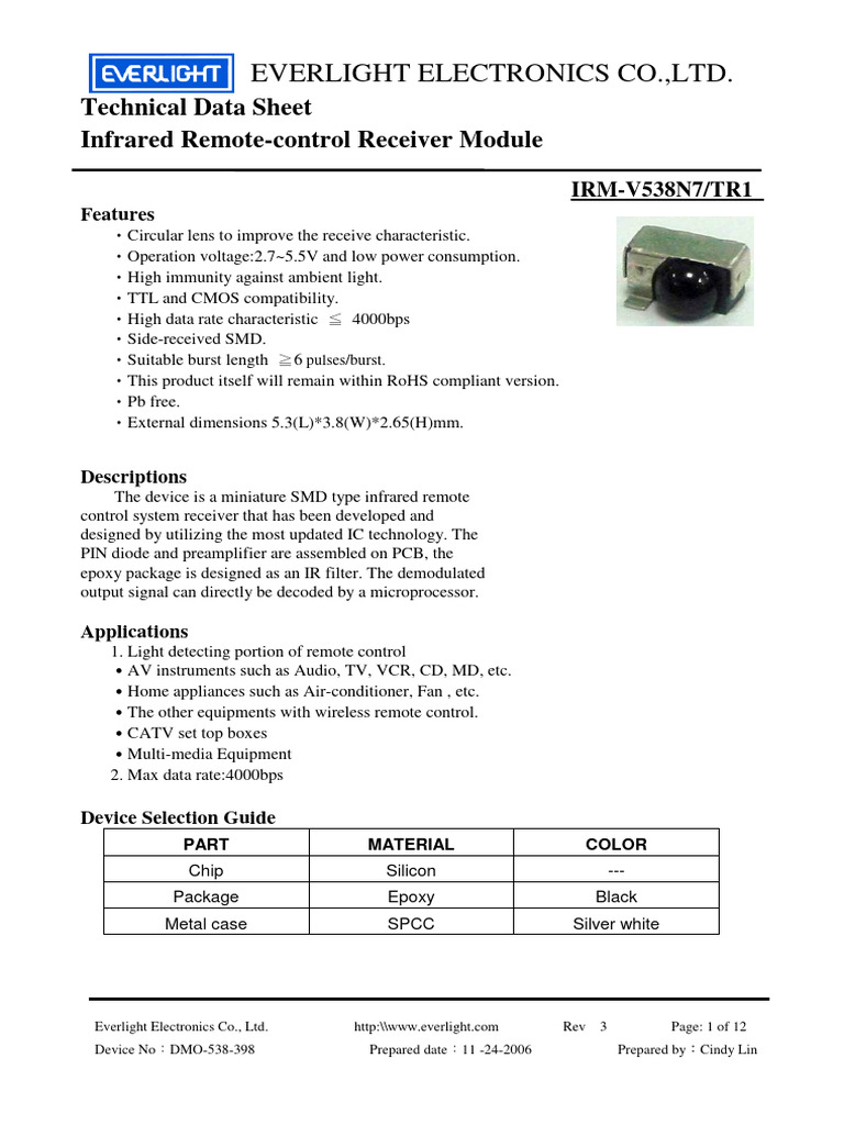 IRM - V538N7 - TR1 (IR Receiver Module) | PDF | Transmitter | Remote ...