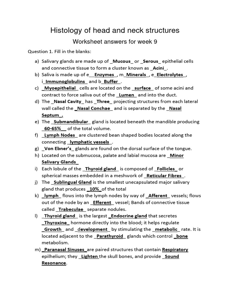 Head and Neck Histology Worksheet Answers | PDF | Saliva | Anatomy