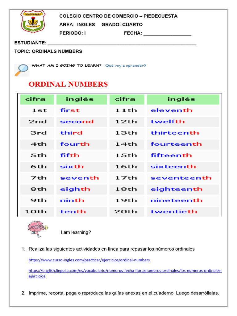 Ordinal Numbers 4° | PDF