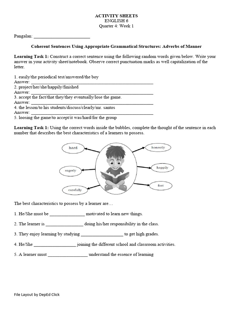 ENGLISH 6 Activity Sheet Q4 W1 | PDF | Language Arts & Discipline | Foreign Language Studies