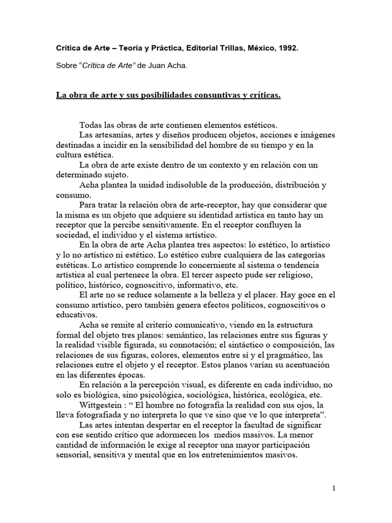 Crítica de Arte 2 Acha | PDF | Estética | Cognición