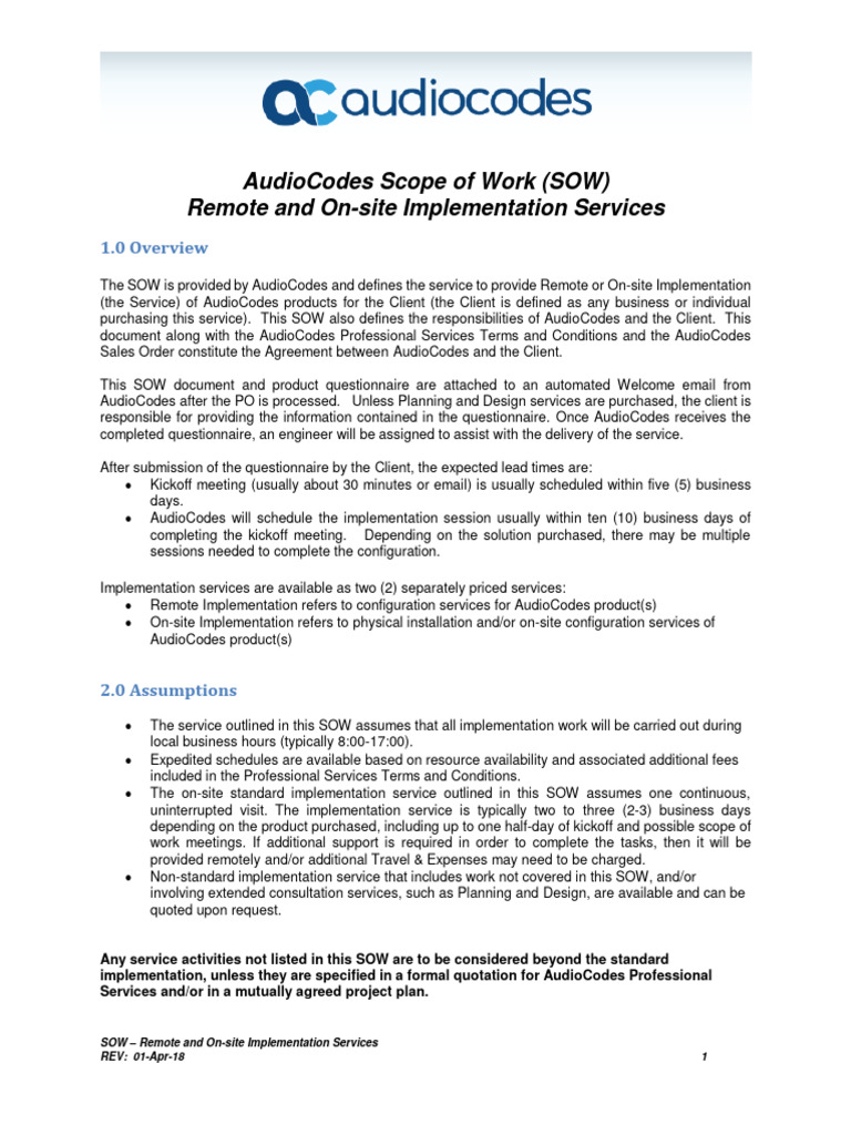 AudioCodes_Implementation_SOW_Rev02 | PDF | Computer Network | Session Initiation Protocol