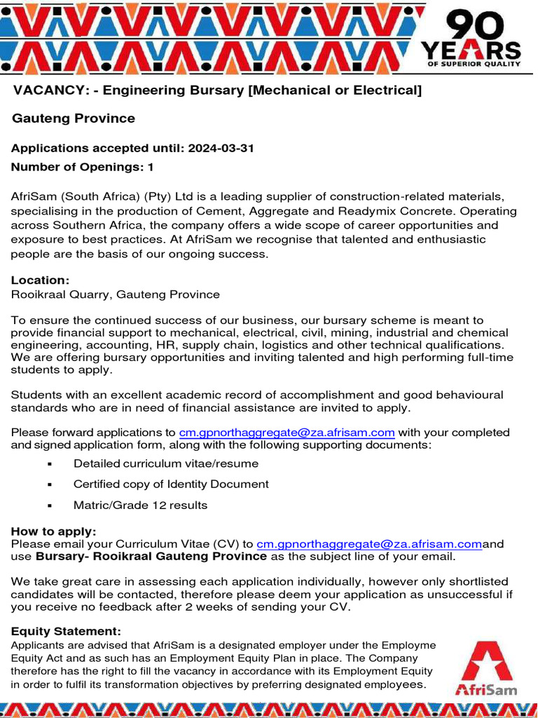 Afrisam Bursary Application Form 2024 | PDF