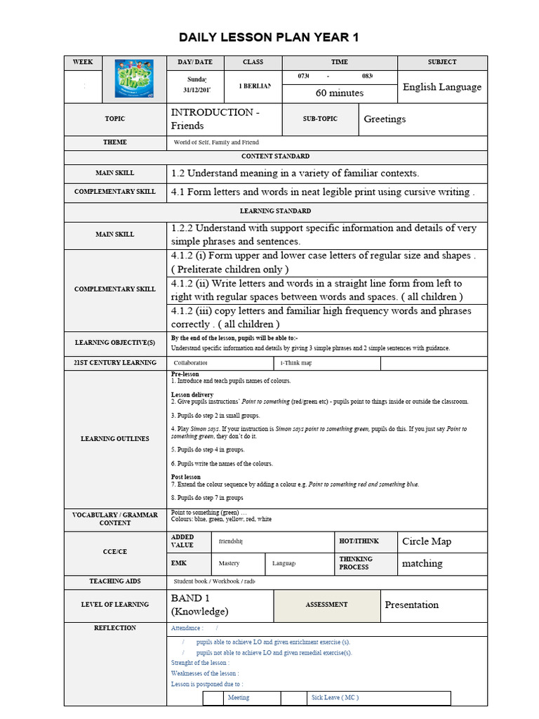 Year 1 English Lesson Plan | PDF | Lesson Plan | Learning